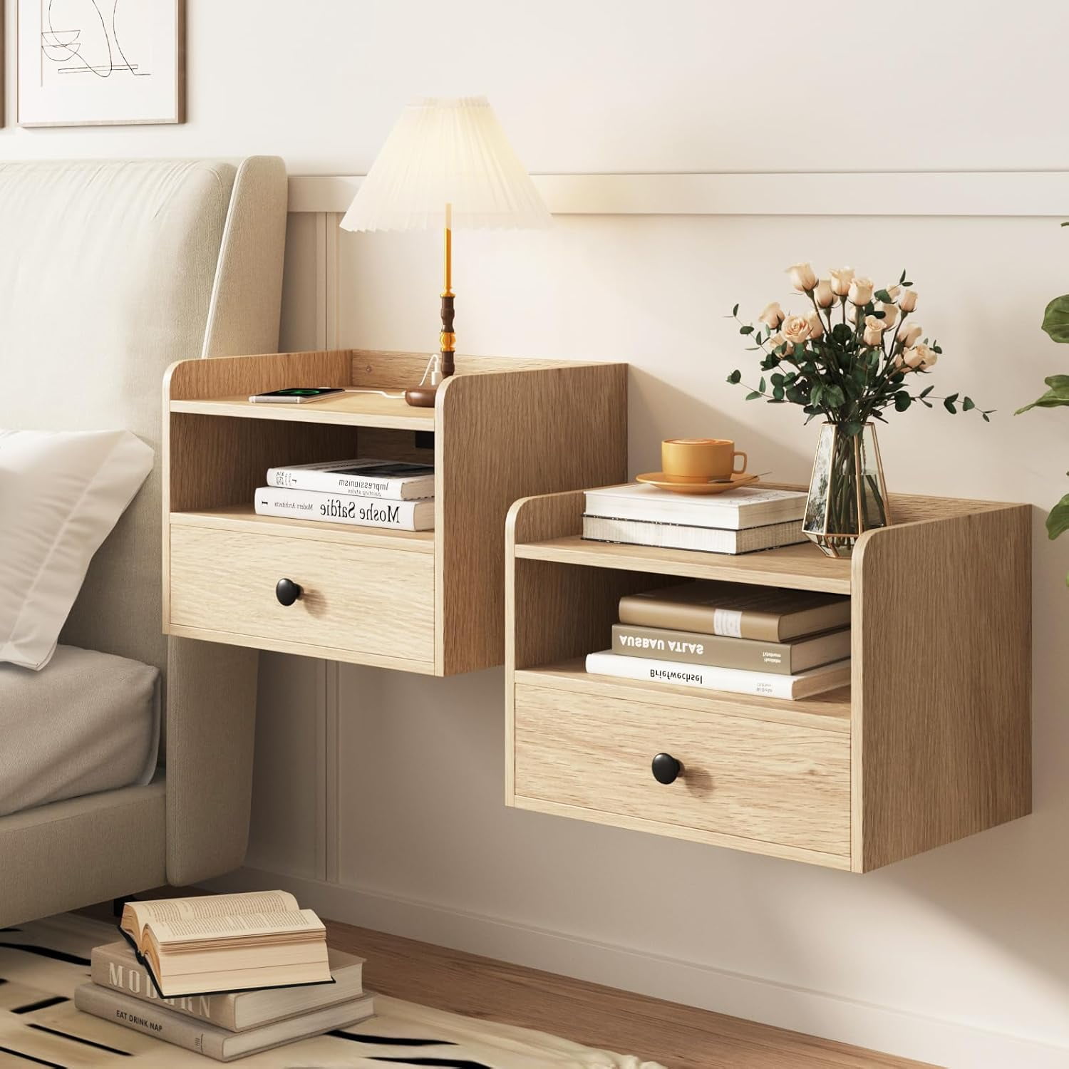 Black Floating Nightstand Set of 2 with Charging Station and Storage ...