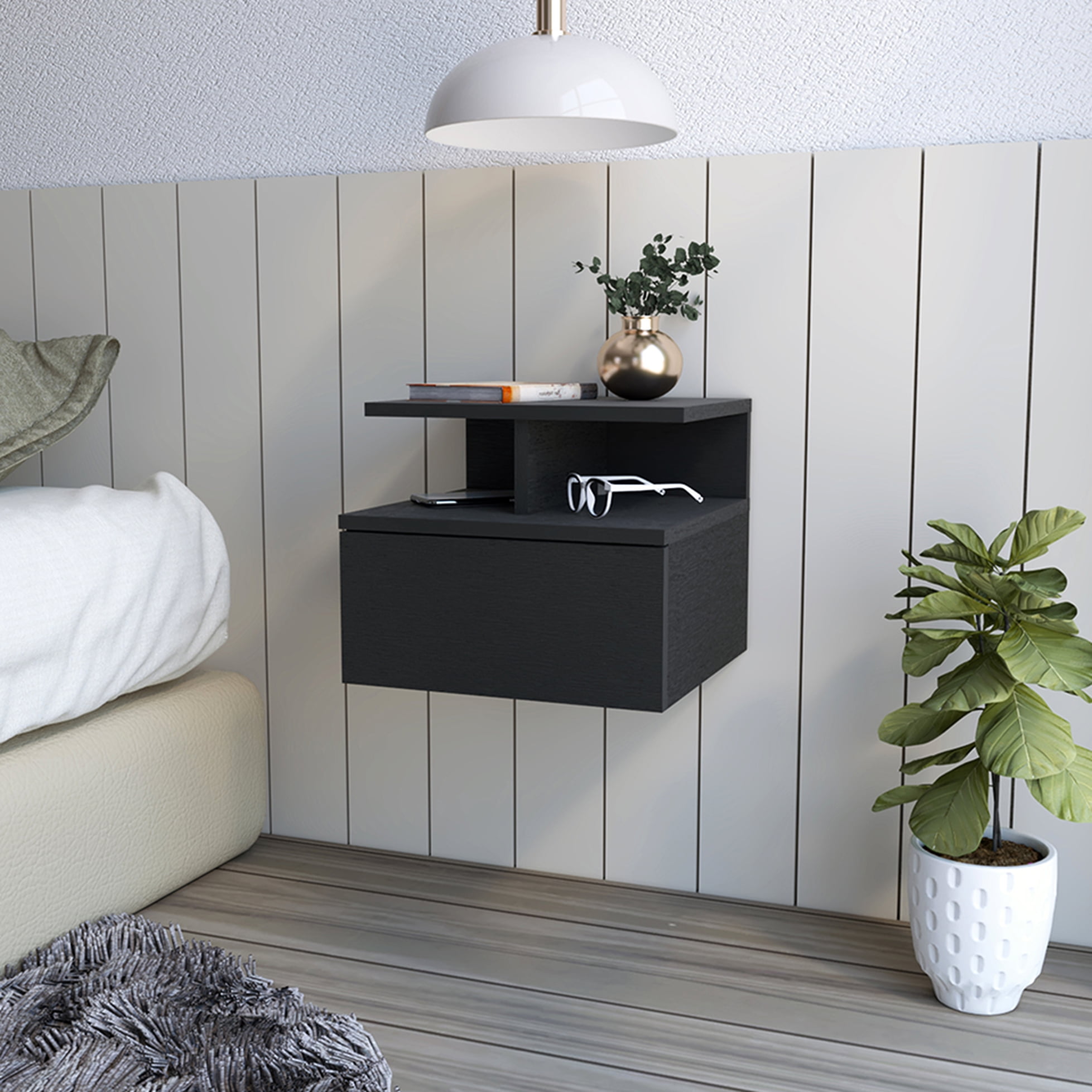 Black Floating Nightstand With A Functional Storage Drawer Practical ...