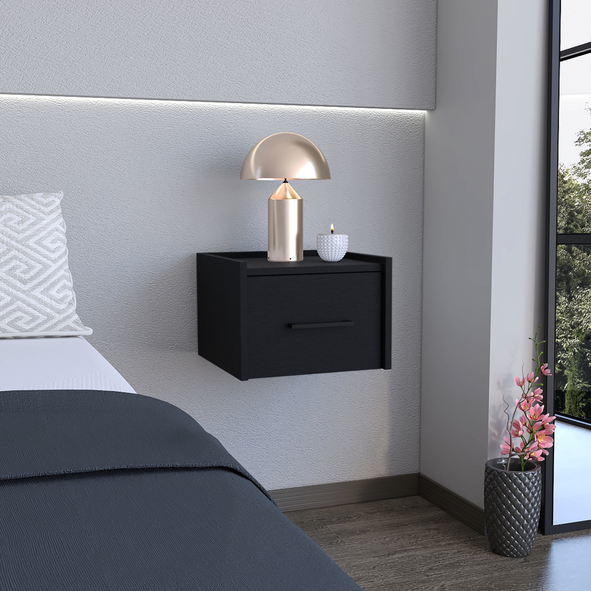 Black Floating Nightstand With Drawer, Adds Elegance And Function To ...