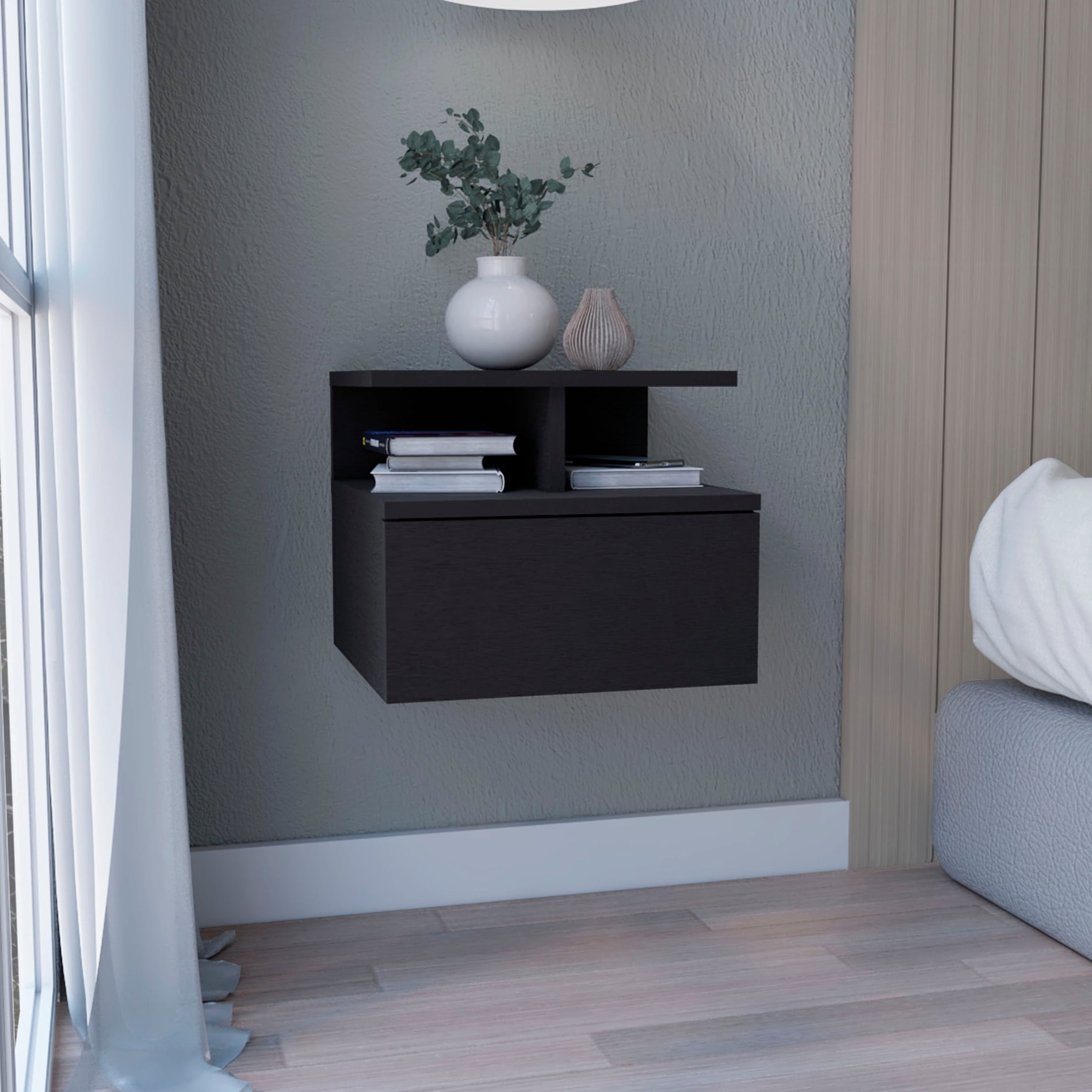 Black Floating Nightstand With Efficient Single Drawer And Shelf ...