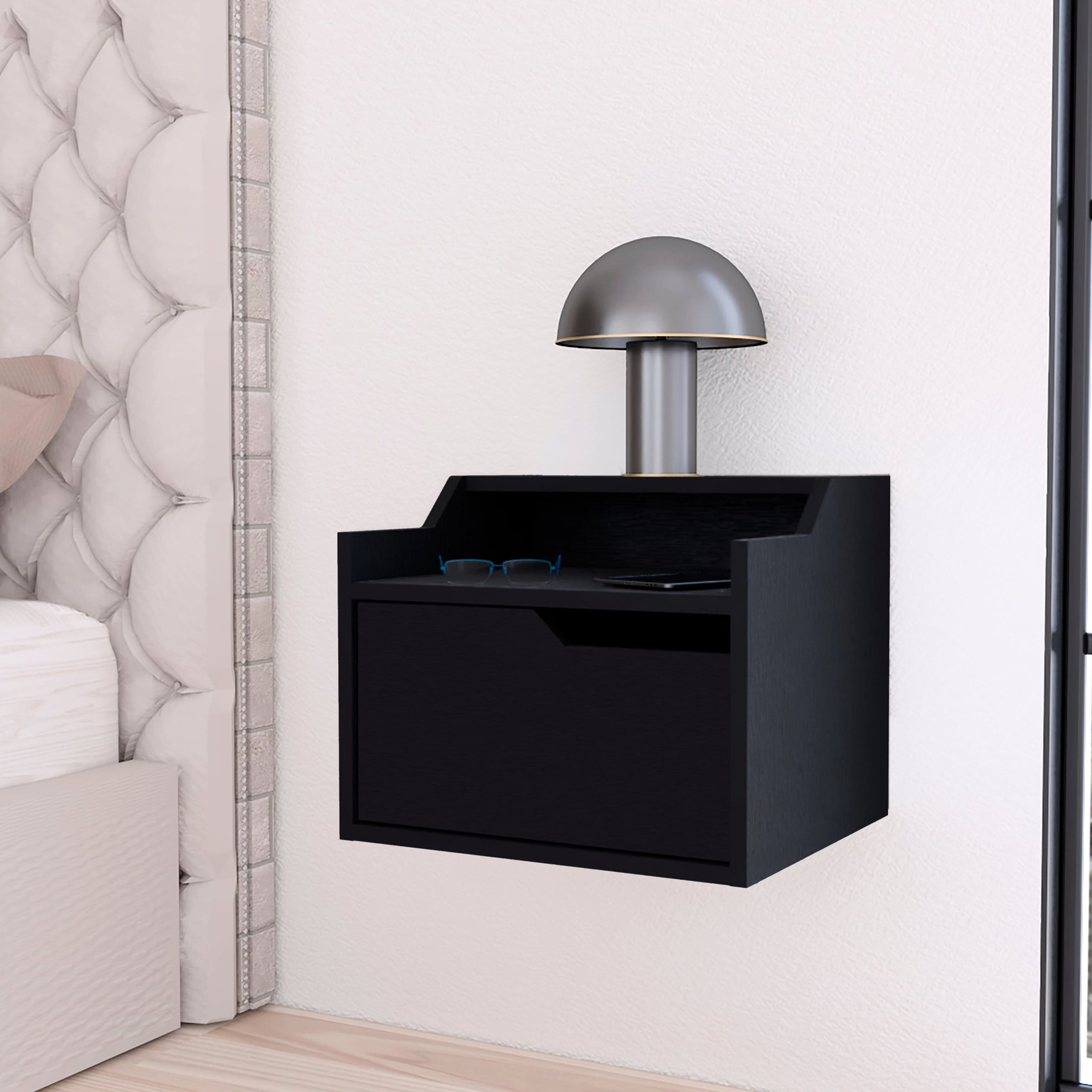Black Floating Nightstand With Spacious Dual Shelves For Bedroom ...