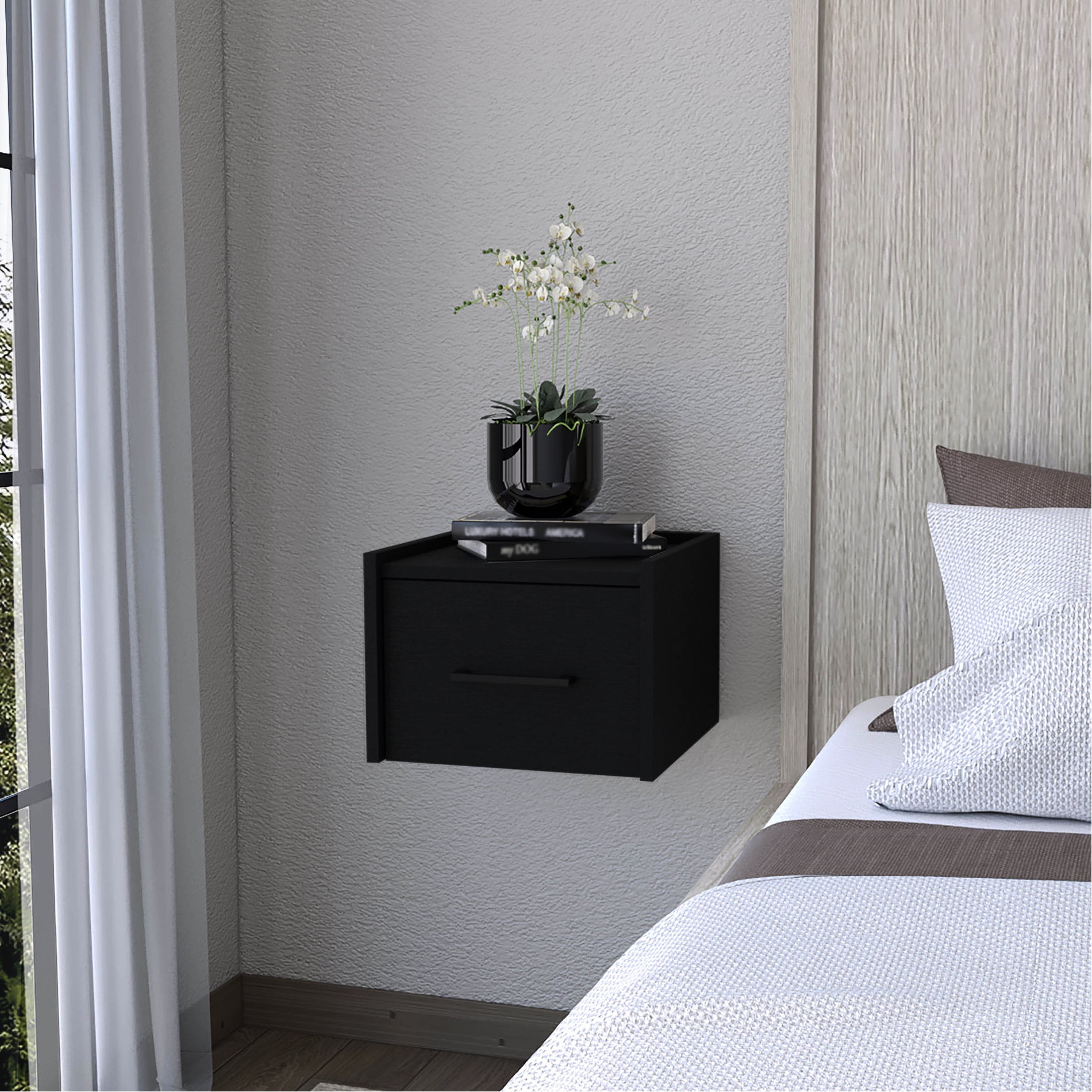 Black Floating Nightstand With Spacious Top Surface And Functional ...
