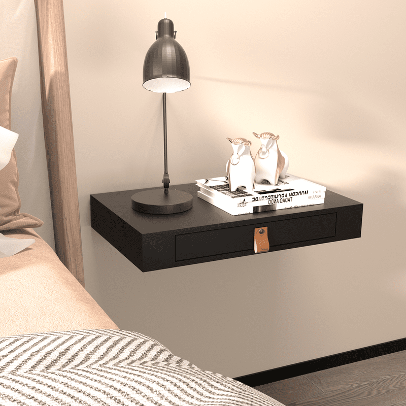 Black Floating Nightstand with Hidden Drawer - 16" Wall-Mounted Bedside ...