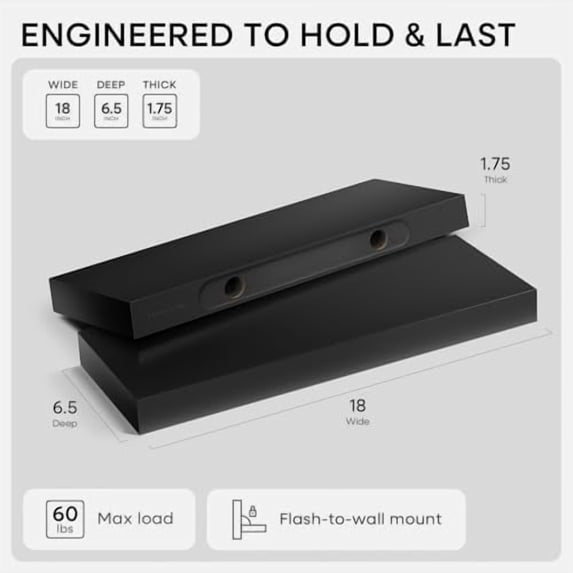 Black Floating Shelf 18 inch, High End Solid Real Wood 18inch Bathroom ...