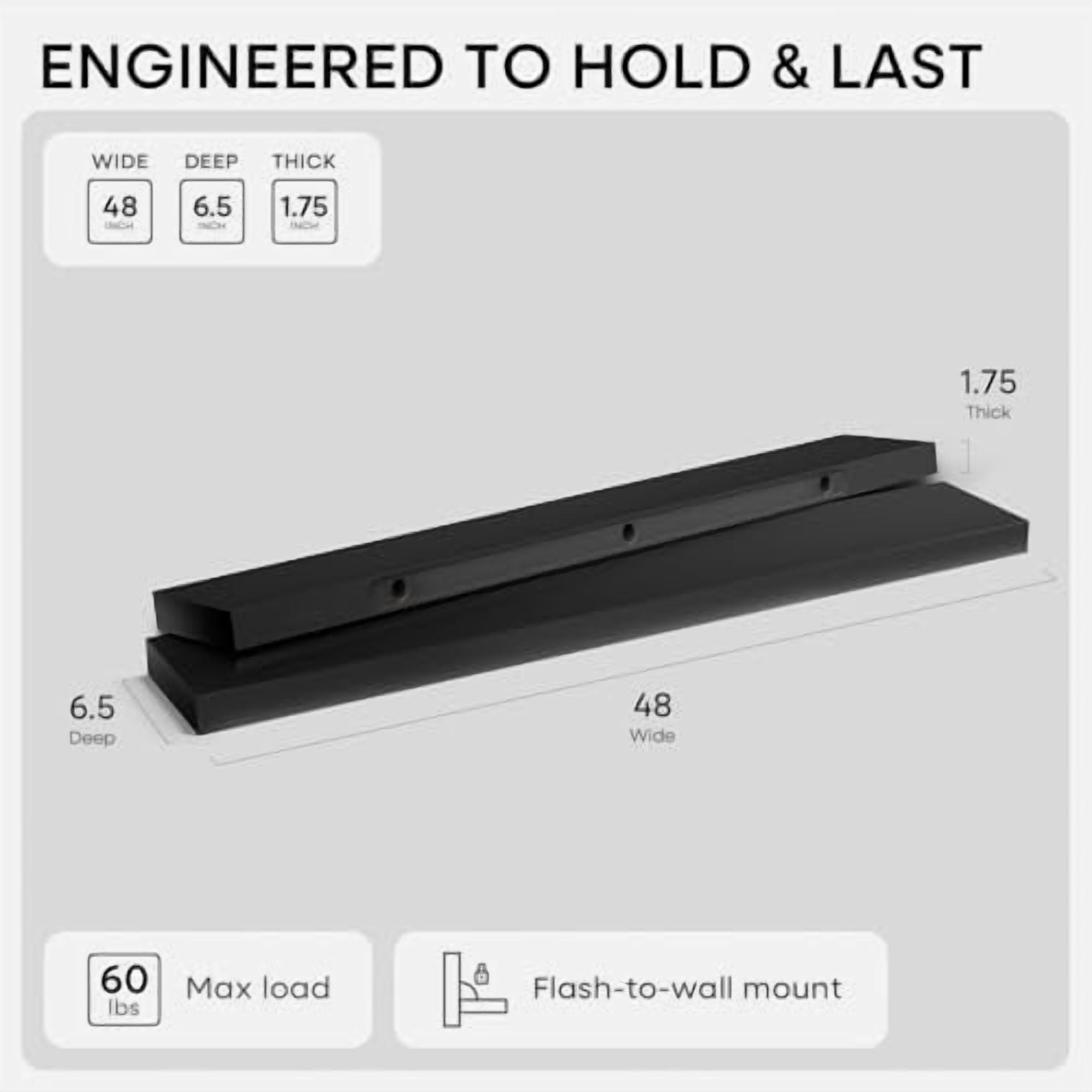 Black Floating Shelf 48 inches, High End Solid Real Wood 48 inch Long ...