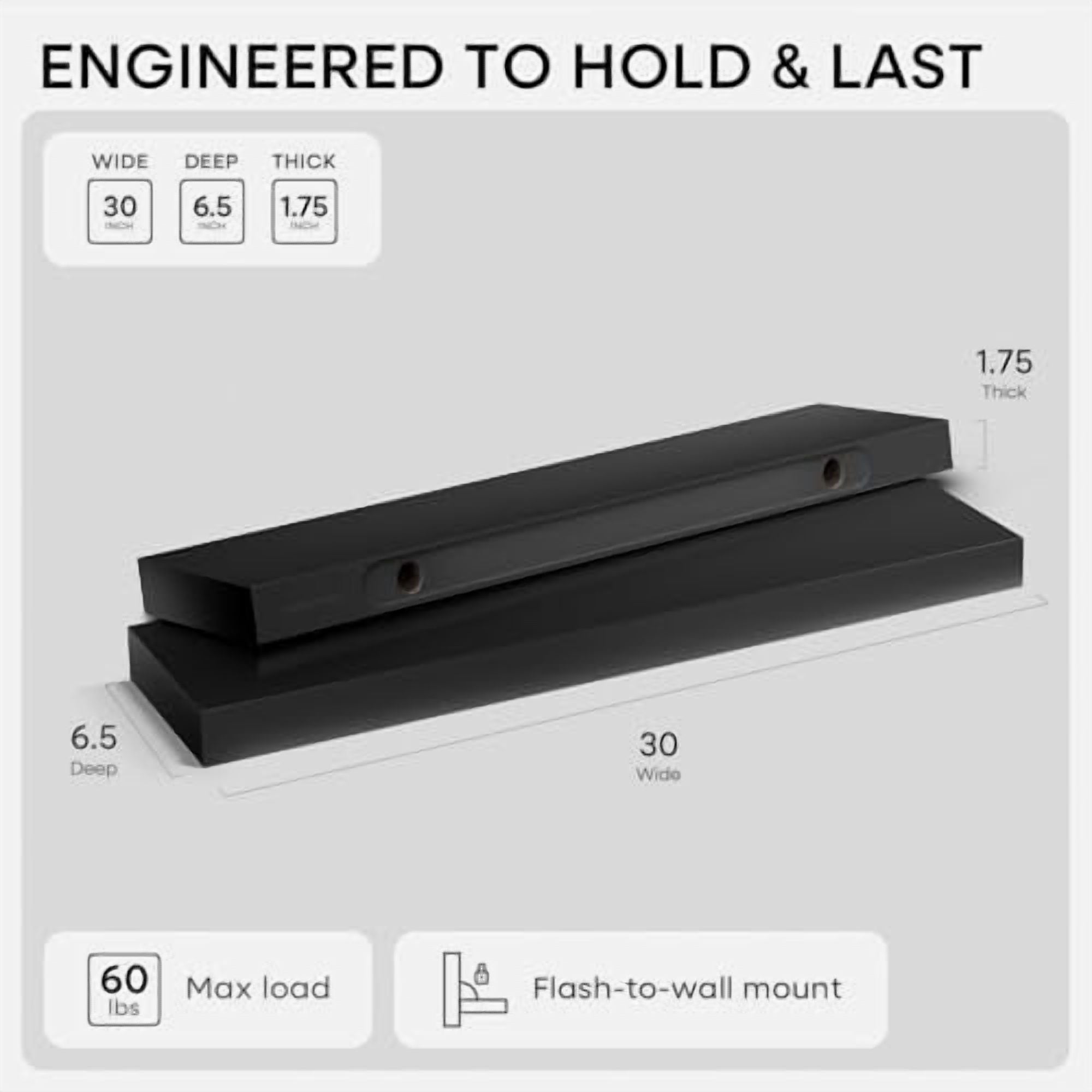 Black Floating Shelves 30 inches Long, High End Solid Real Wood 30 inch ...