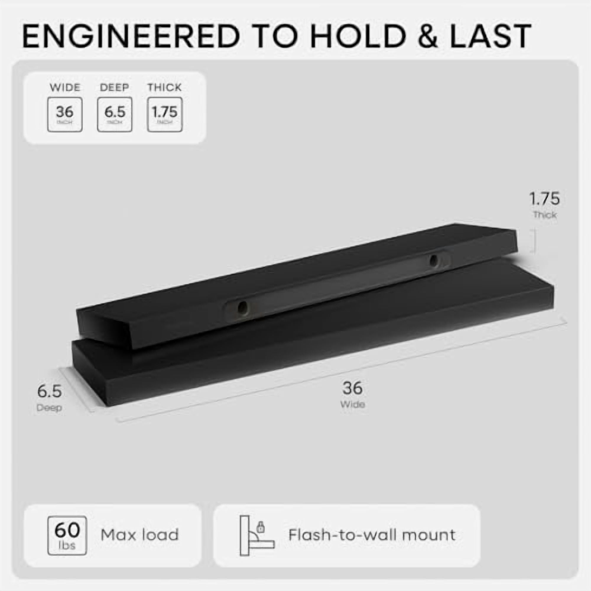 Black Floating Shelves 36 inches Long, High End Solid Real Wood 36 inch ...