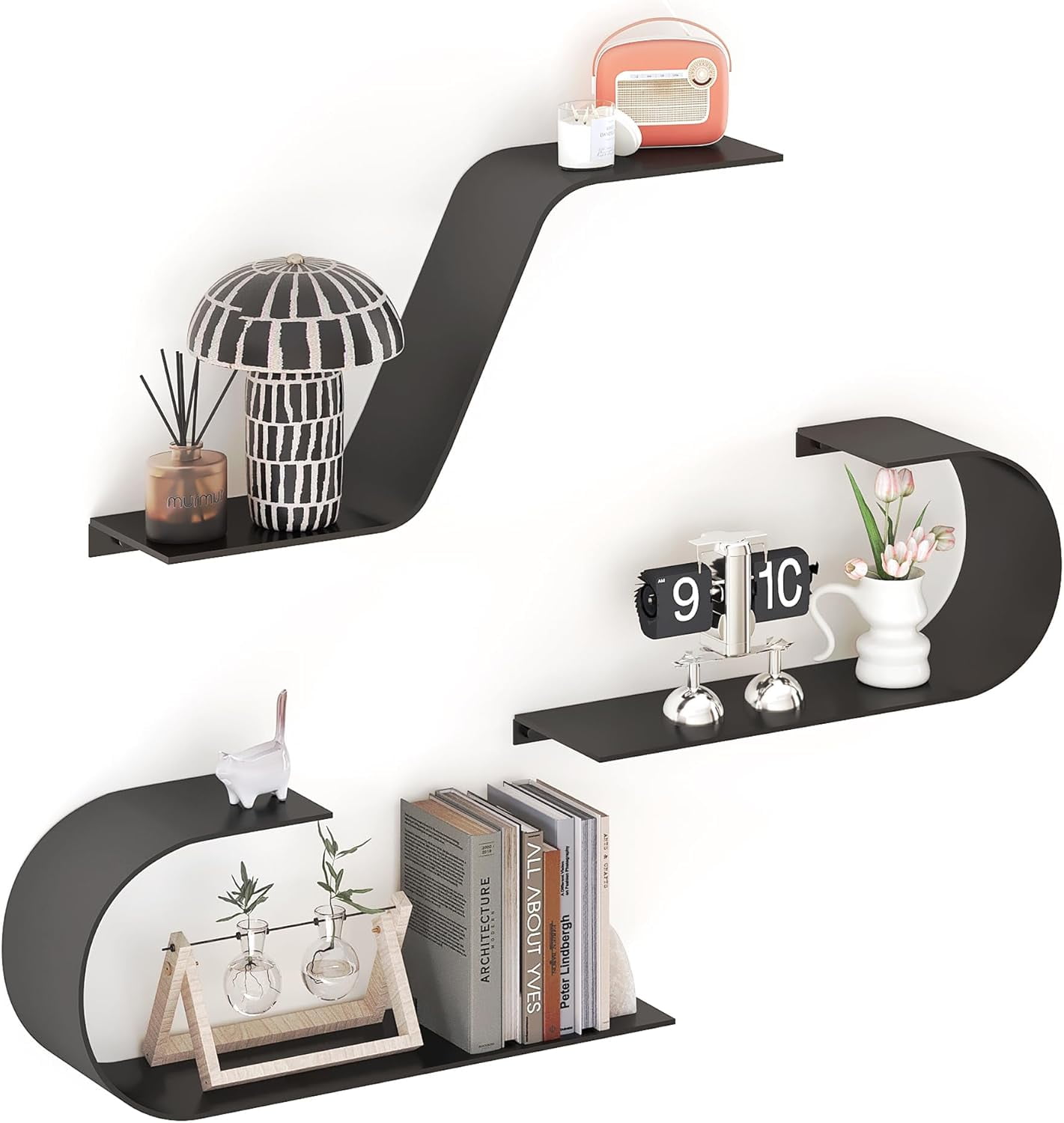 Black Floating Shelves Set of 3, Black Metal Wall Decor, Unique Wall ...