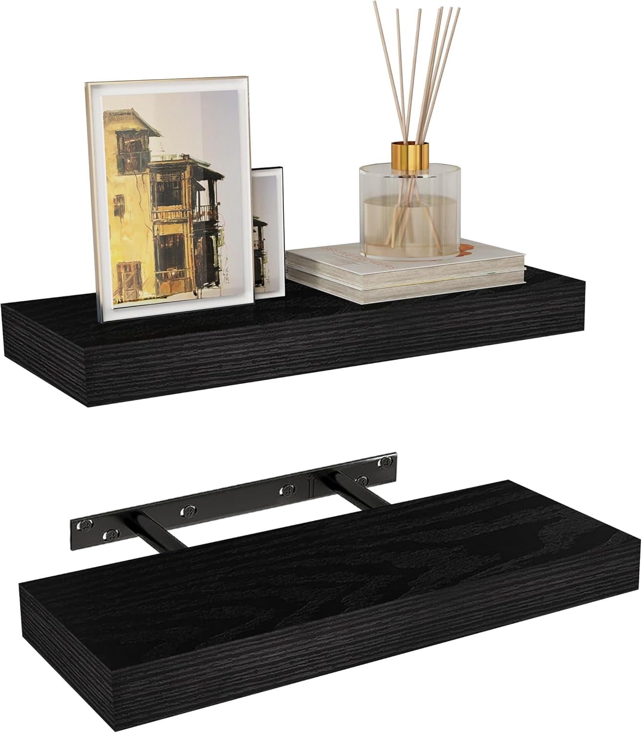 Black Floating Shelves Set of 2 x 15 in Wall Shelf for Bathroom, Living ...