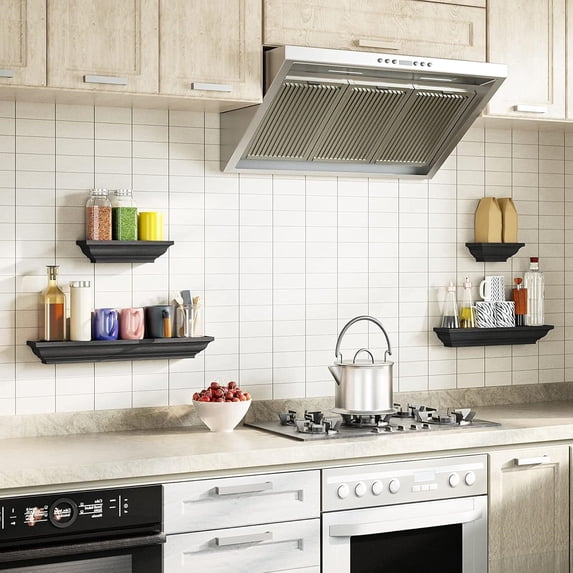 Black Floating Shelves, Solid Wood Storage Wall Shelves Set of 4 ...