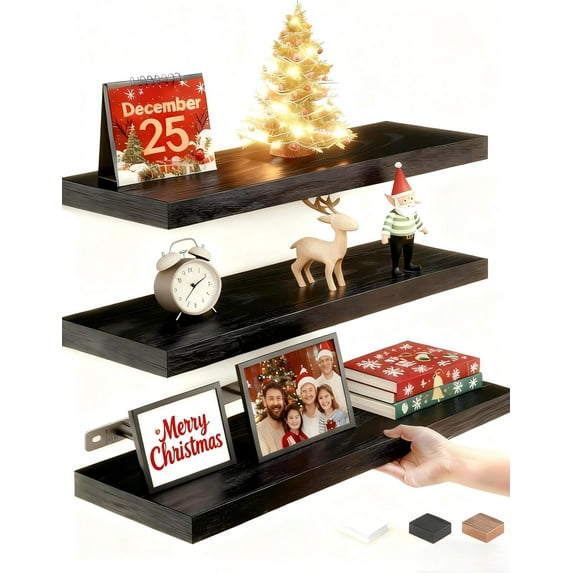 Black Floating Shelves for Wall 24" Rustic Wood Deep Wall Mounted ...