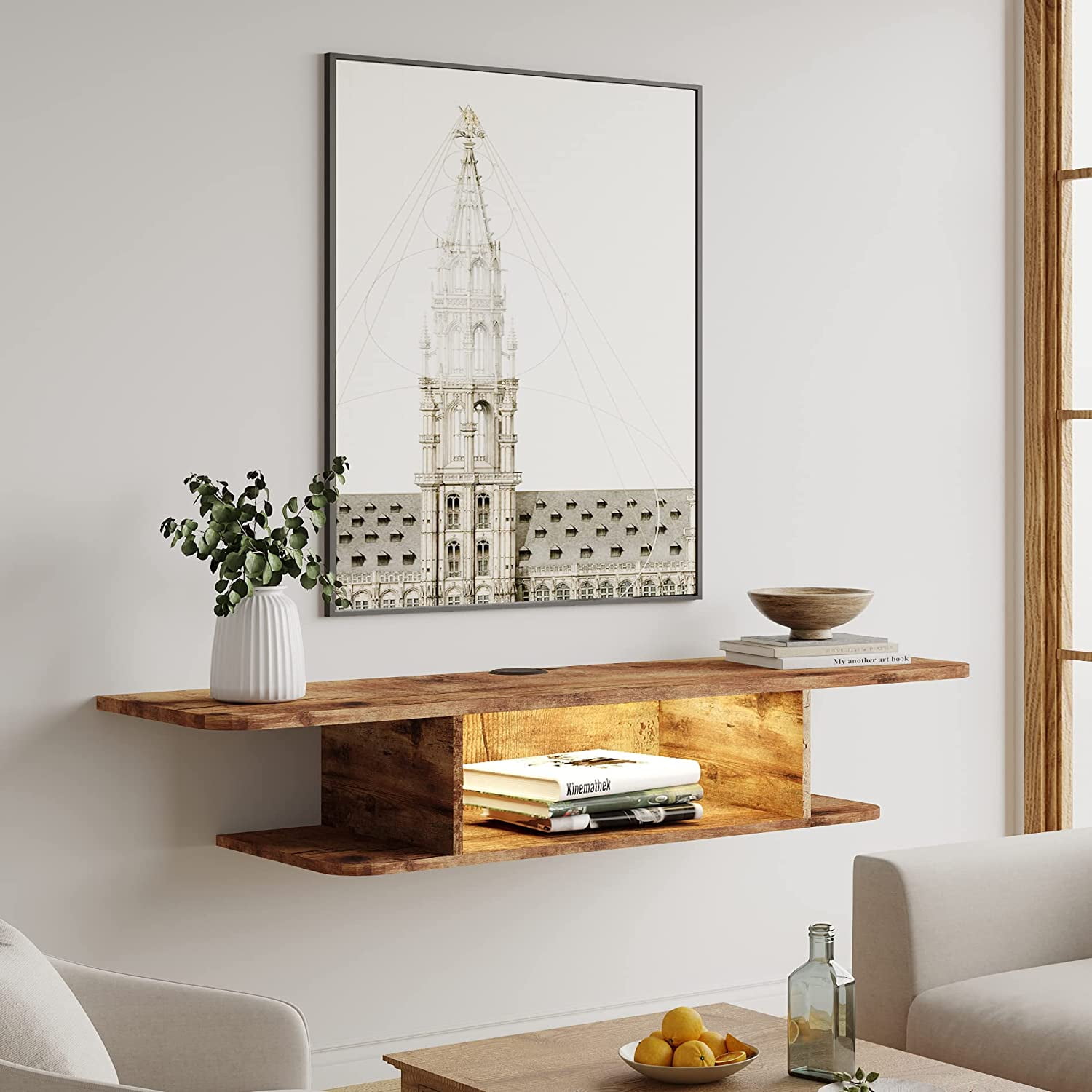 Black Floating TV Stand Wall Mounted Entertainment Shelf with LED ...