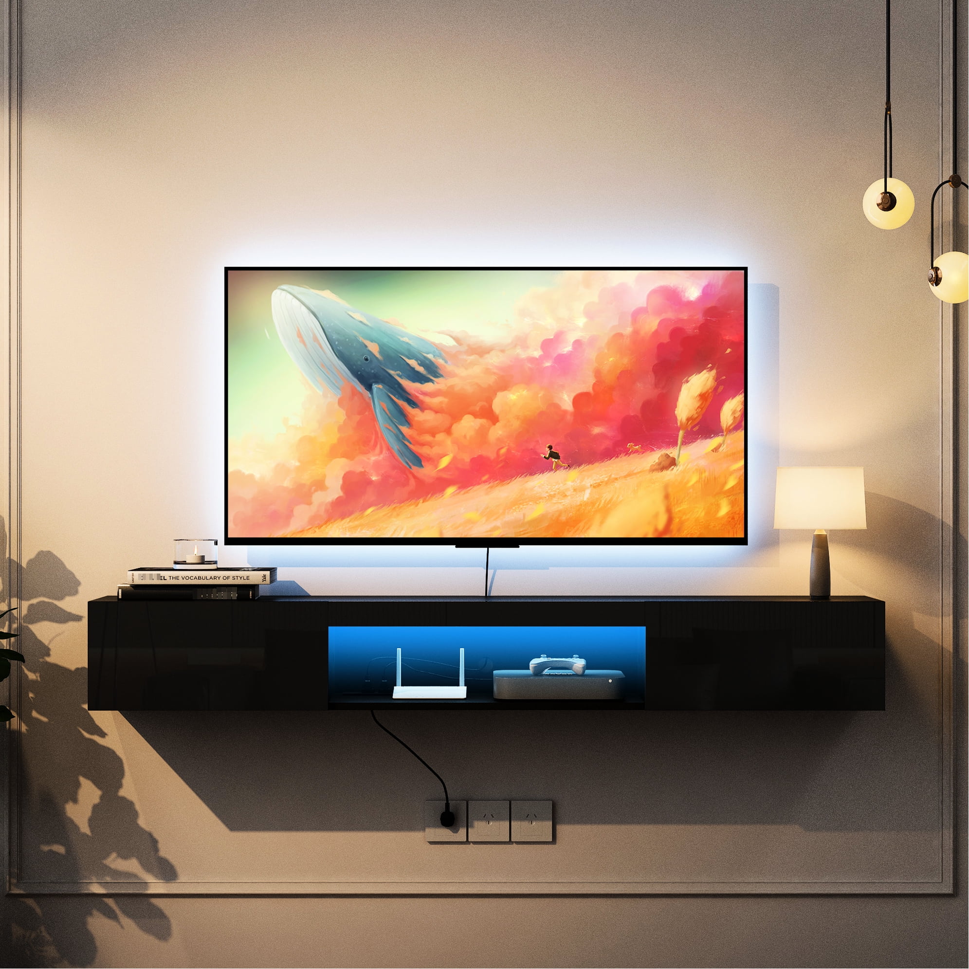 Black Floating Tv Cabinet With 16 Color And Practicality Wall Mounted ...