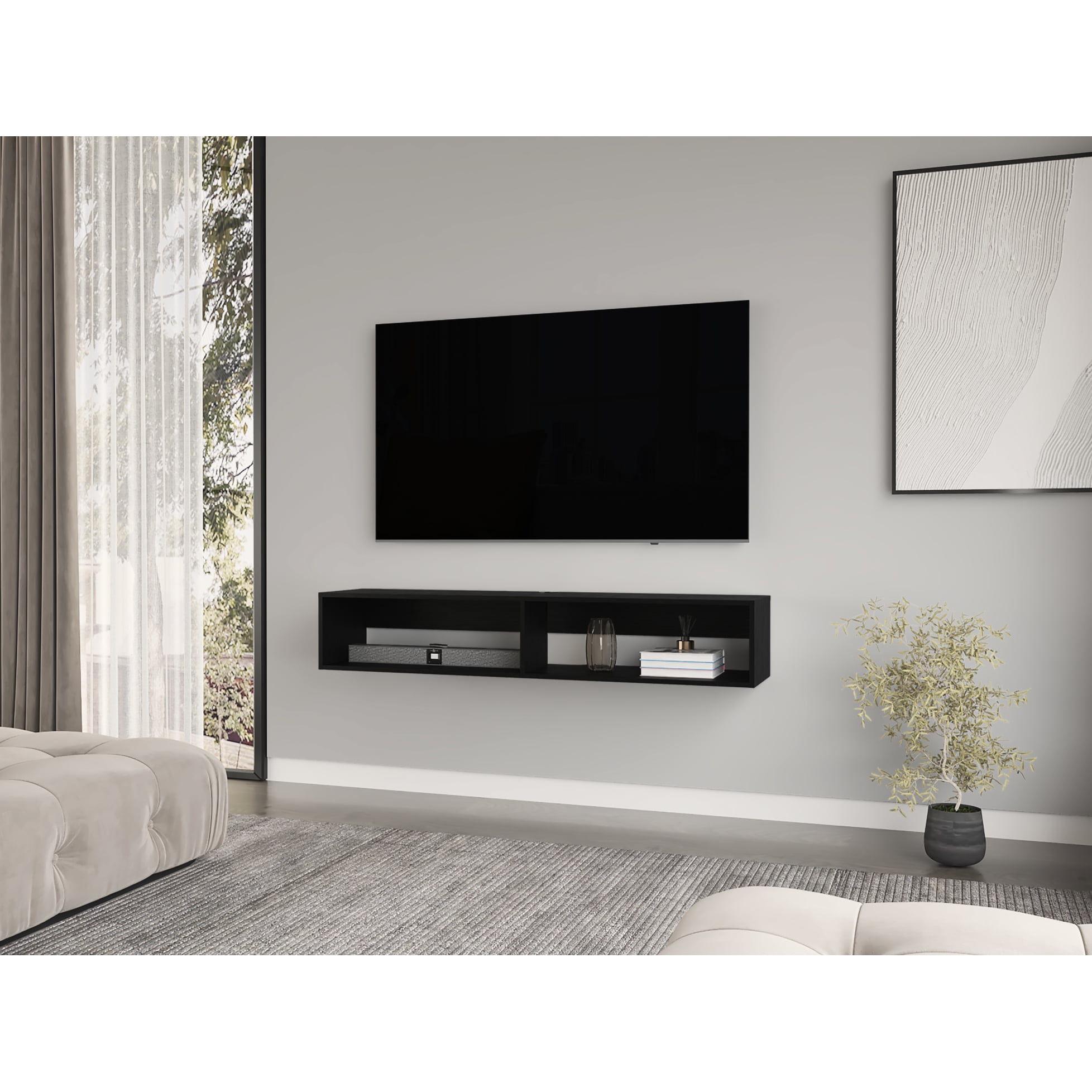 Black Floating Tv Stand For 60-69 Inch Tvs With Organized Space Modern ...