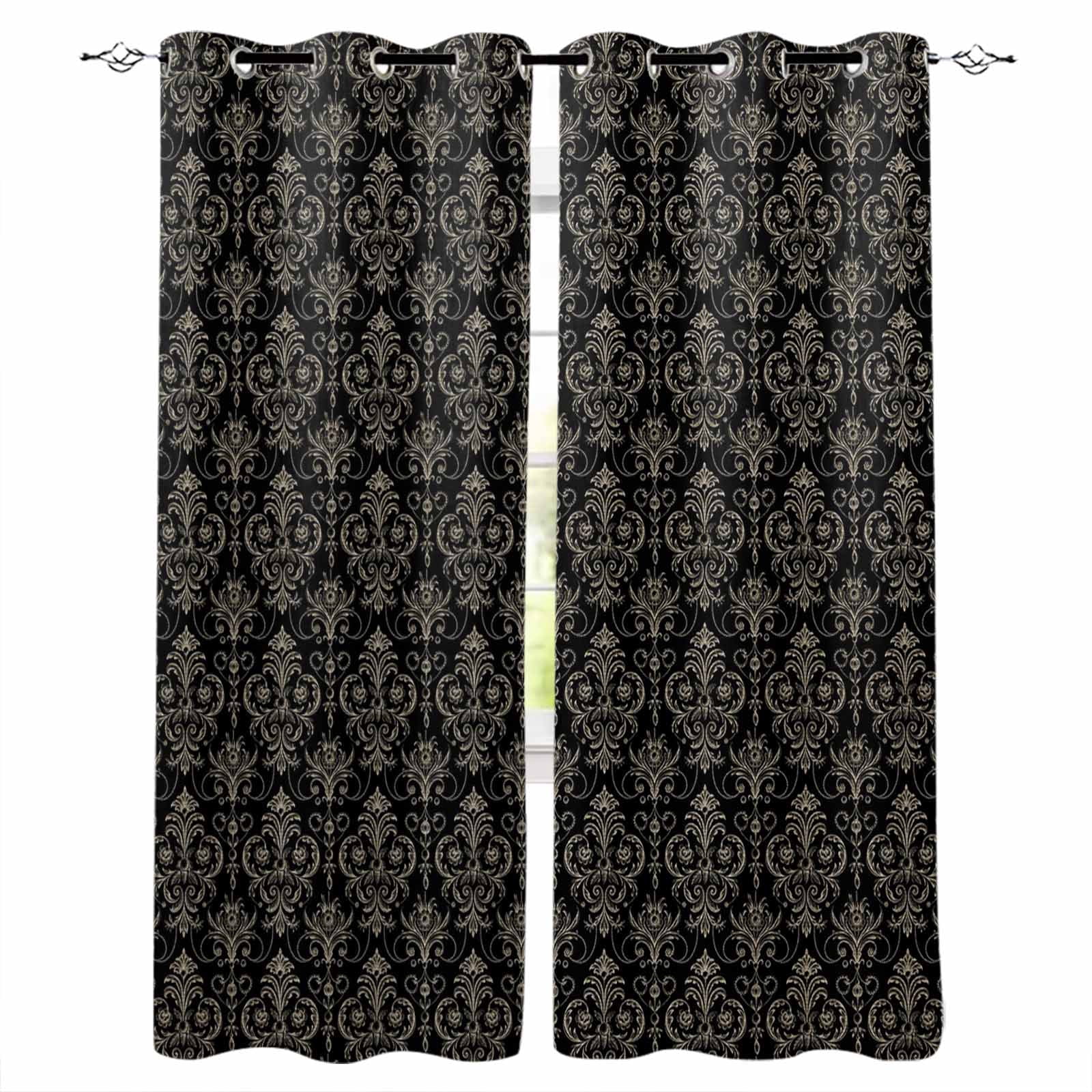 Black Floral Abstract Kitchen Curtains Vintage Ethnic Bohemian Flowers ...