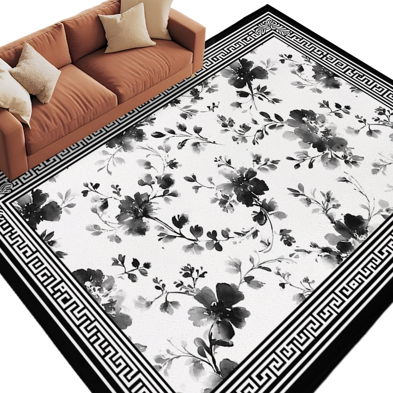 Black Floral Area Rug 6x9 Washable Rug Non Slip Retro Flowers Leaves ...