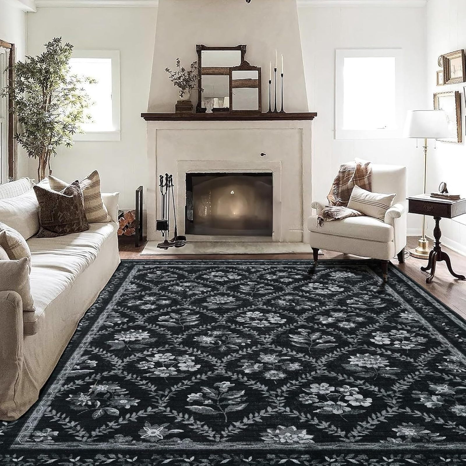 Black Floral Area Rugs Living Room, Washable Rugs Black Bedroom Low ...