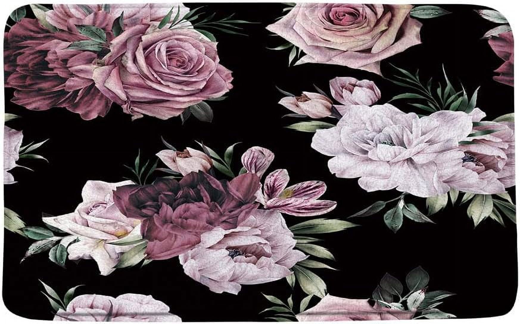 Black Floral Bath Mat Rose Flower Watercolor Rustic Blossom Green ...