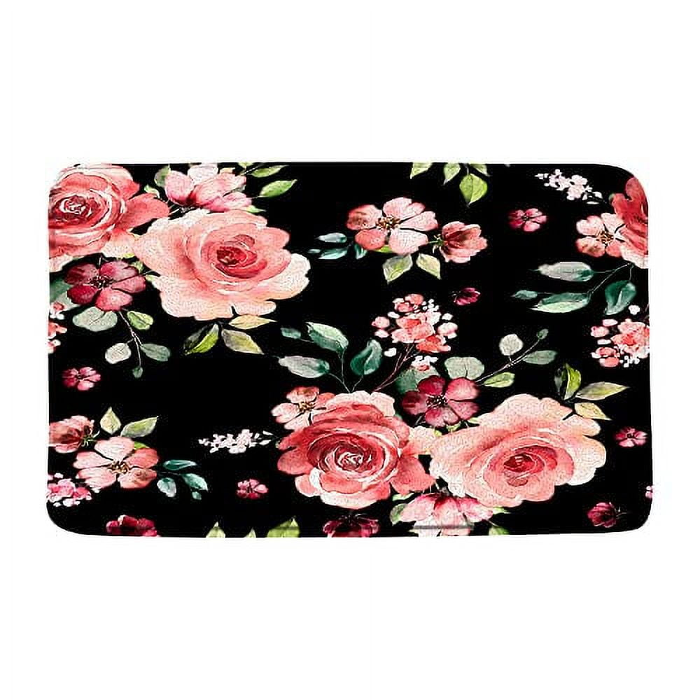 Black Floral Bath Mat Watercolor Flower Pink Rose Rustic Vintage Floral ...