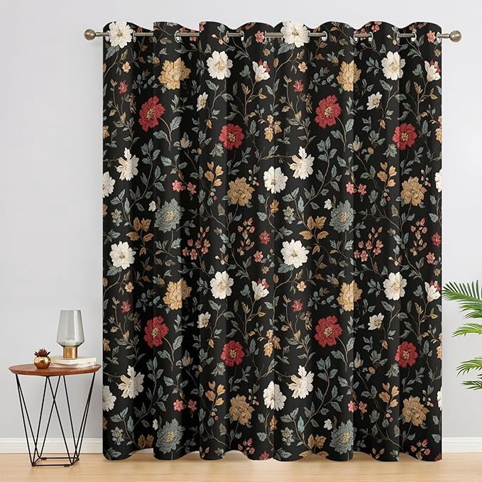 Black Floral Bedroom Curtains - Moody Vintage Flower Printed Living ...