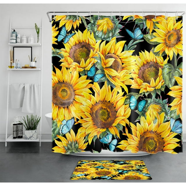 Black Floral Bliss Watercolor Butterfly And Sunflower Shower Curtain Set