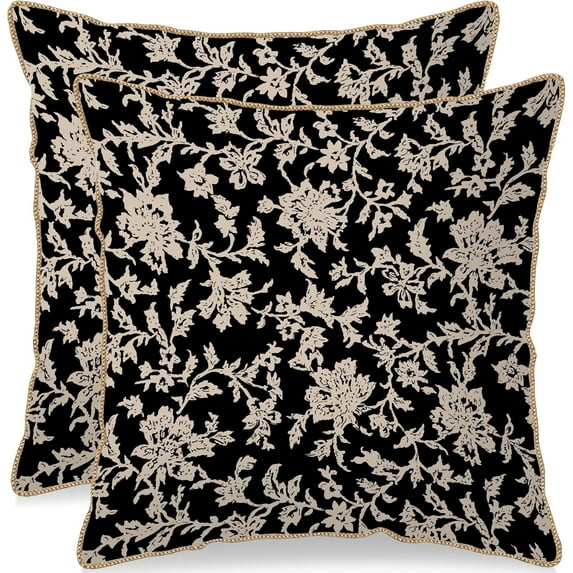 Black Floral Block Print Pillow Covers 16x16 Set of 2 Brown Cream ...