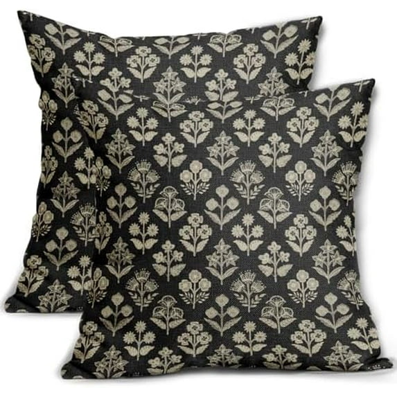 Black Floral Block Print Pillow Covers 18x18 Inch Set of 2, Vintage ...