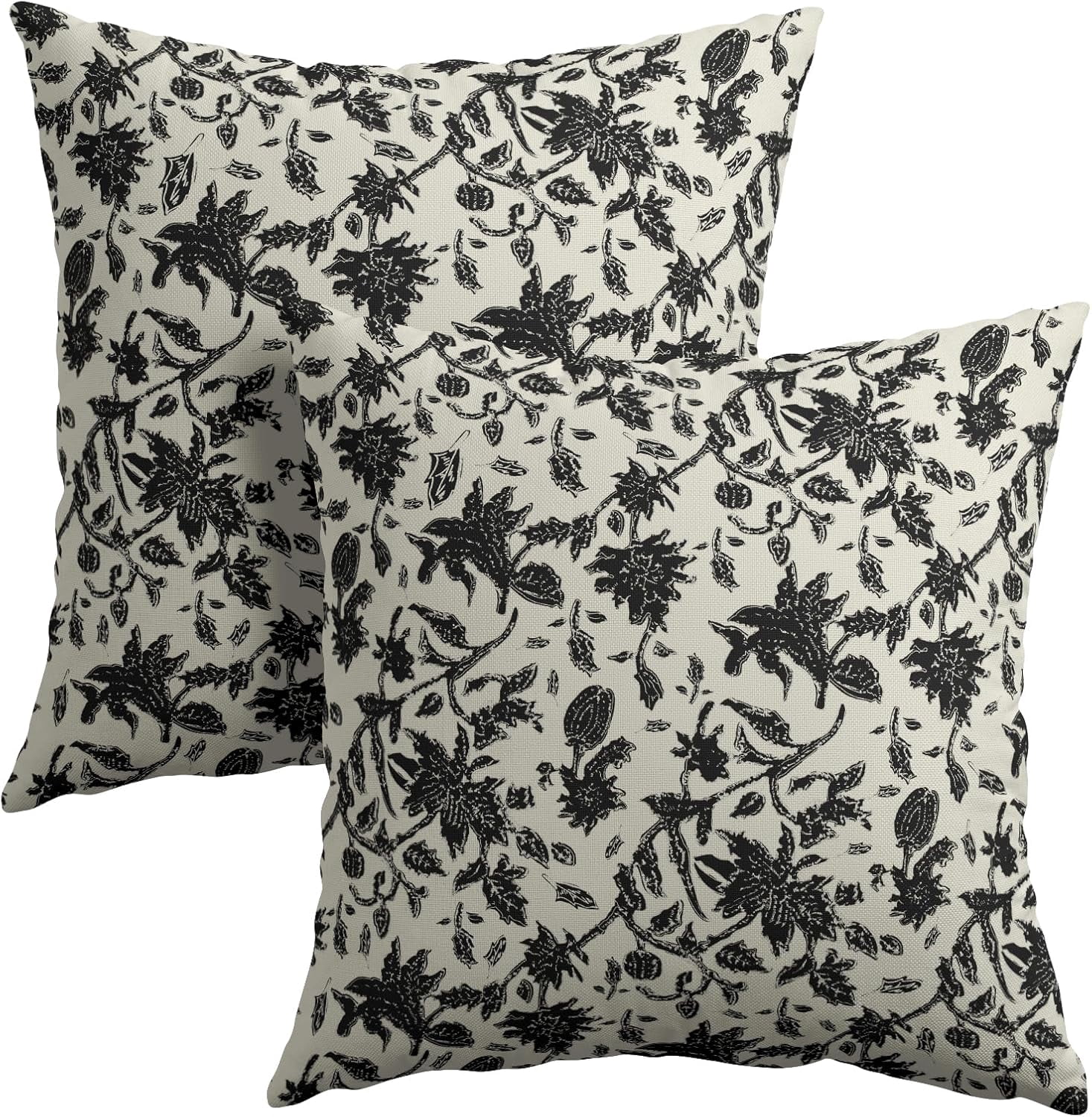 Black Floral Block Print Throw Pillow Covers 20x20 Inch Set of 2 ...