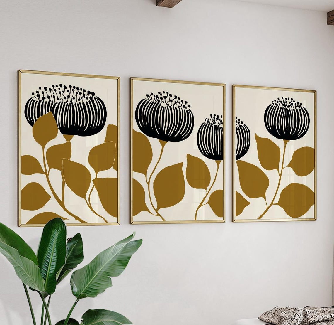 Black Floral Botanical Wall Art Modern Graphic Flower Prints Set 3 ...