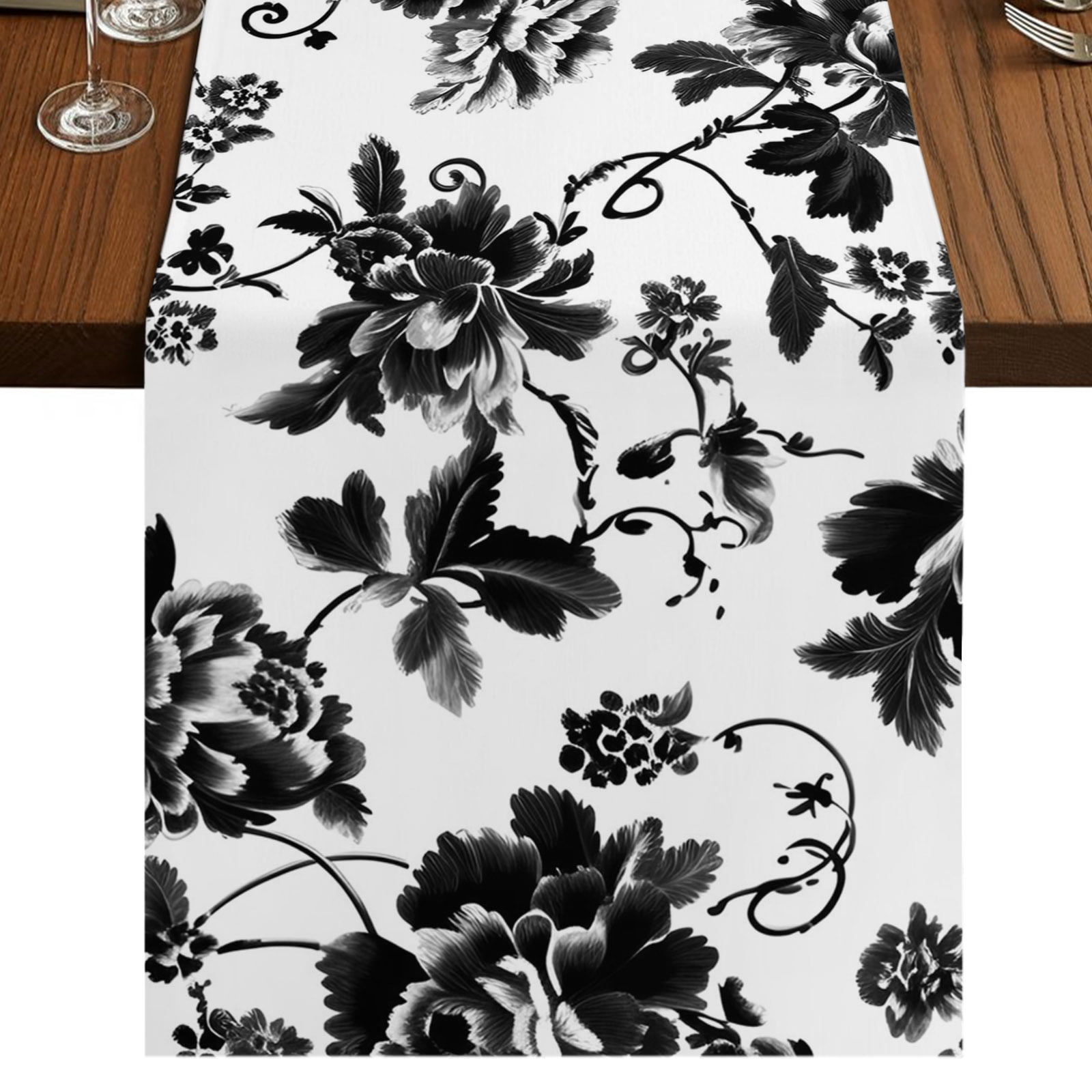Black Floral Burlap Cotton Table Runner 16x72 Inches Long, Country ...