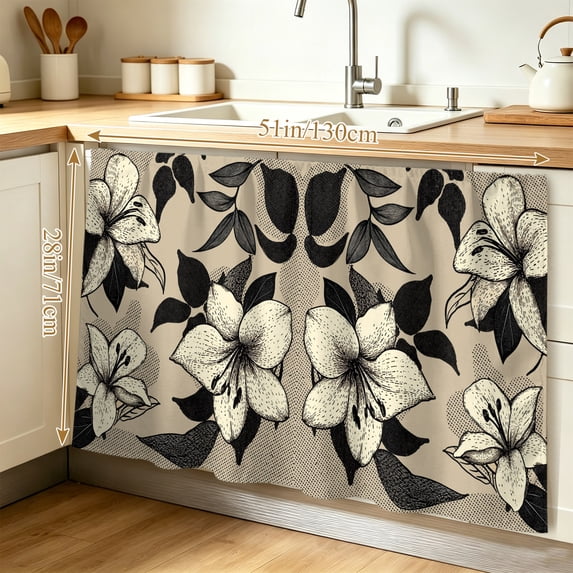 Black Floral Cabinet Curtain 28"W x 51"L, Vintage Khaki Floral Retrp ...