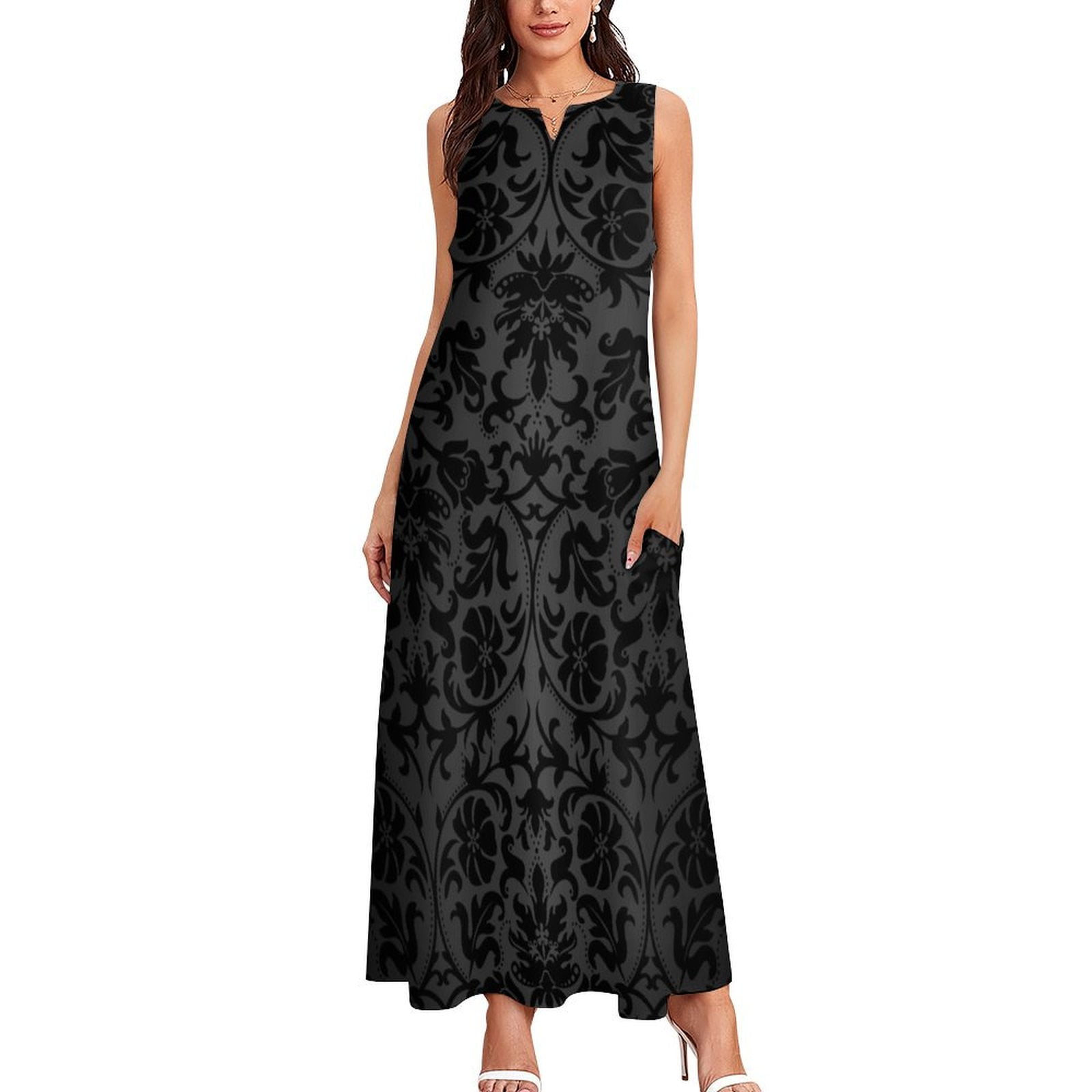 Black Floral Damask Long Dress long sleeve dresses clothes - Walmart.com