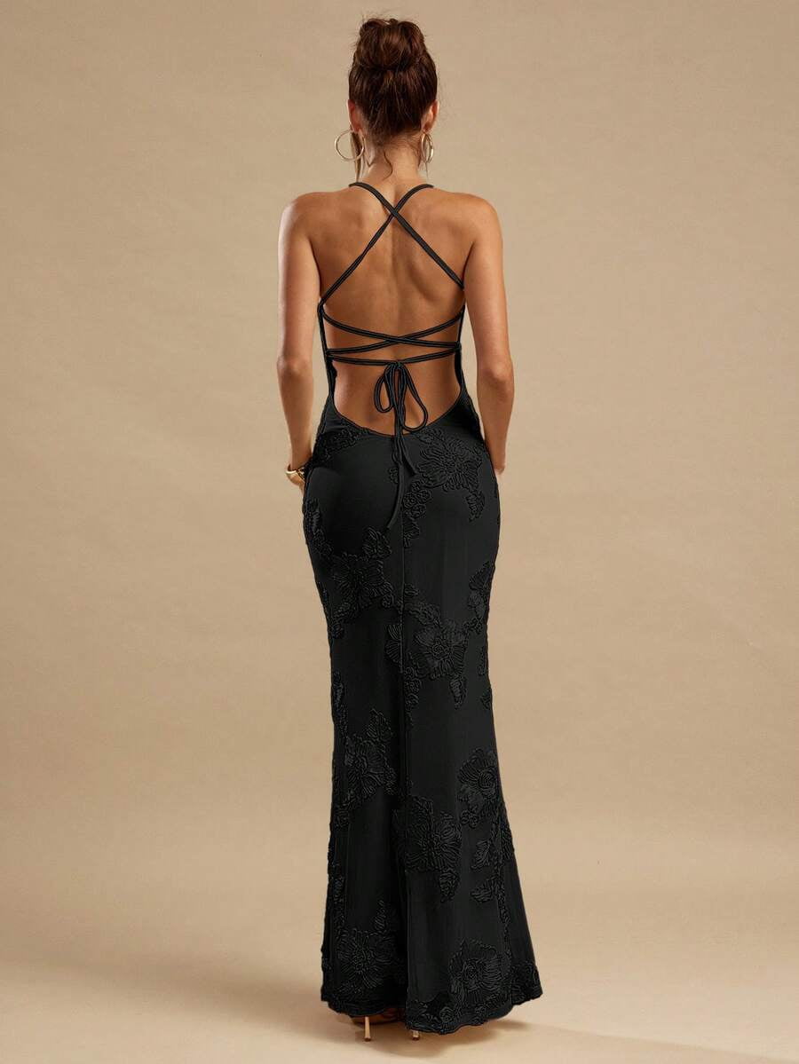 Black Floral Embroidered Backless Cross-Strap Maxi Dress For Elegant ...