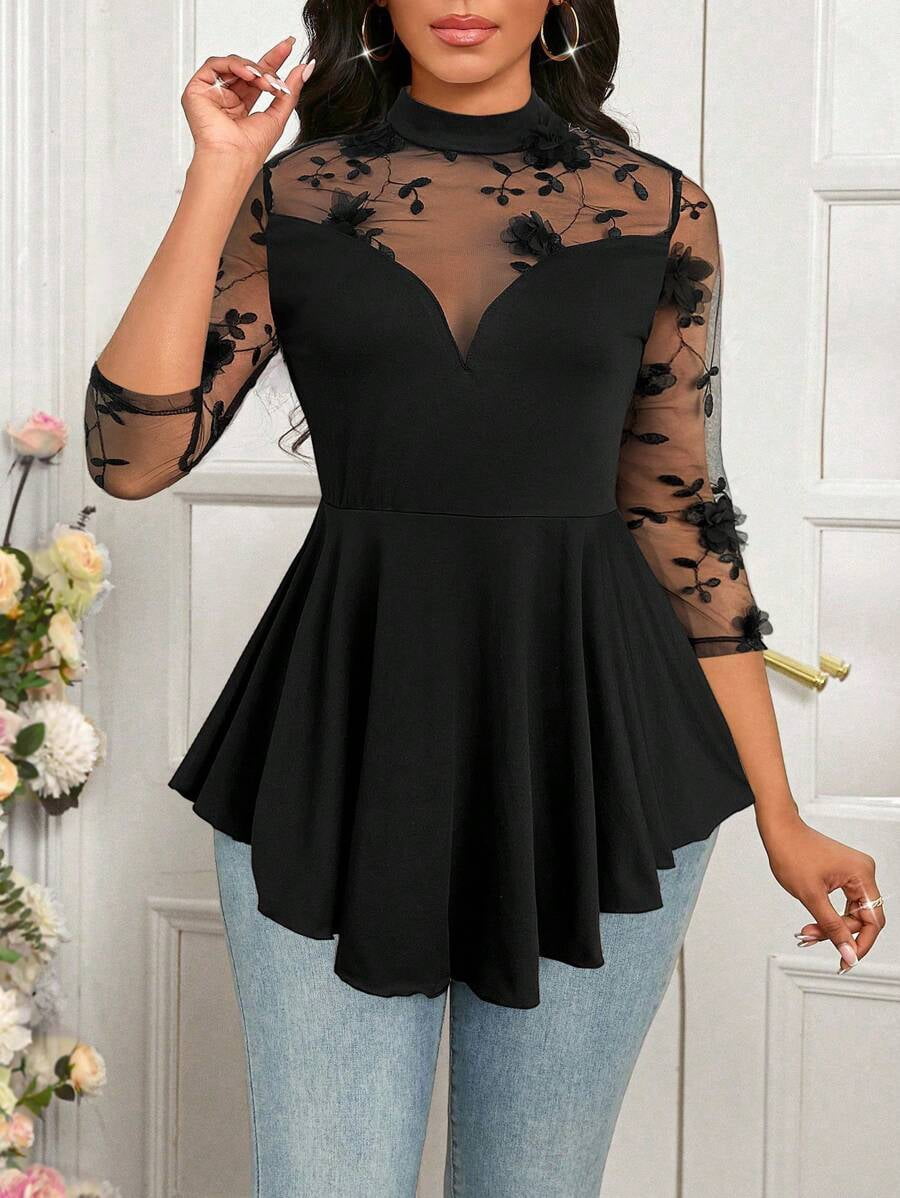 Black Floral Embroidered Sheer Sleeve Peplum Top With High Neck And V ...