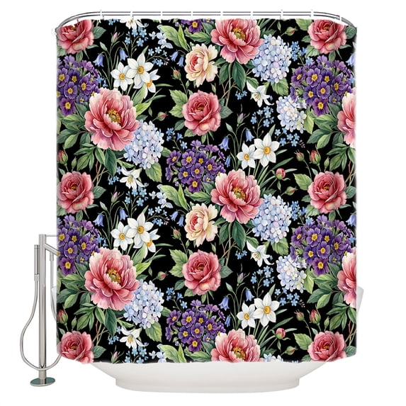 Black Floral Farmhouse Bathroom Shower Curtains with 12 Hooks ...