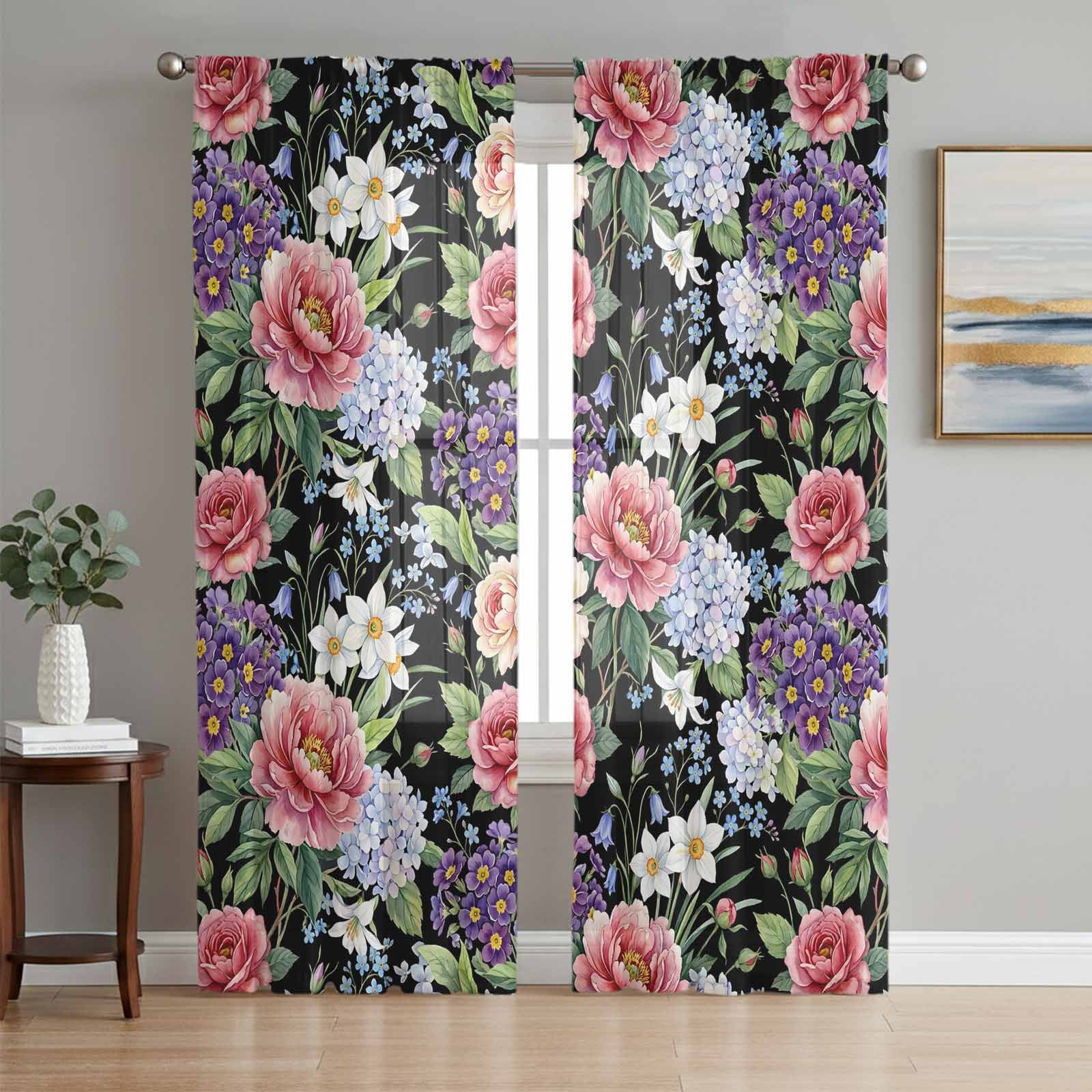 Black Floral Farmhouse Sheer Curtains for Living Room Bedroom Pink ...