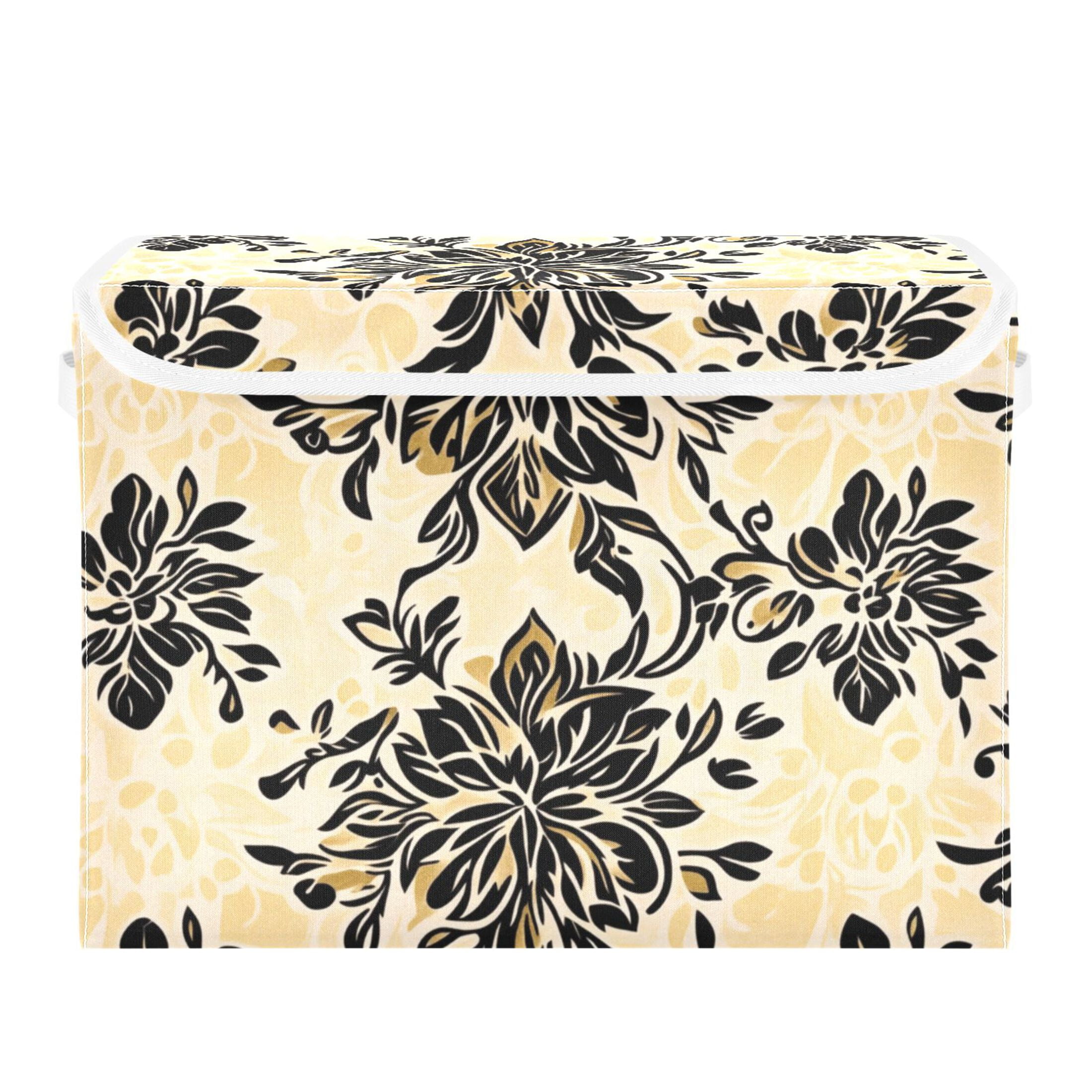 Black Floral Gold Background Large Storage Bins with Linen Collapsible ...