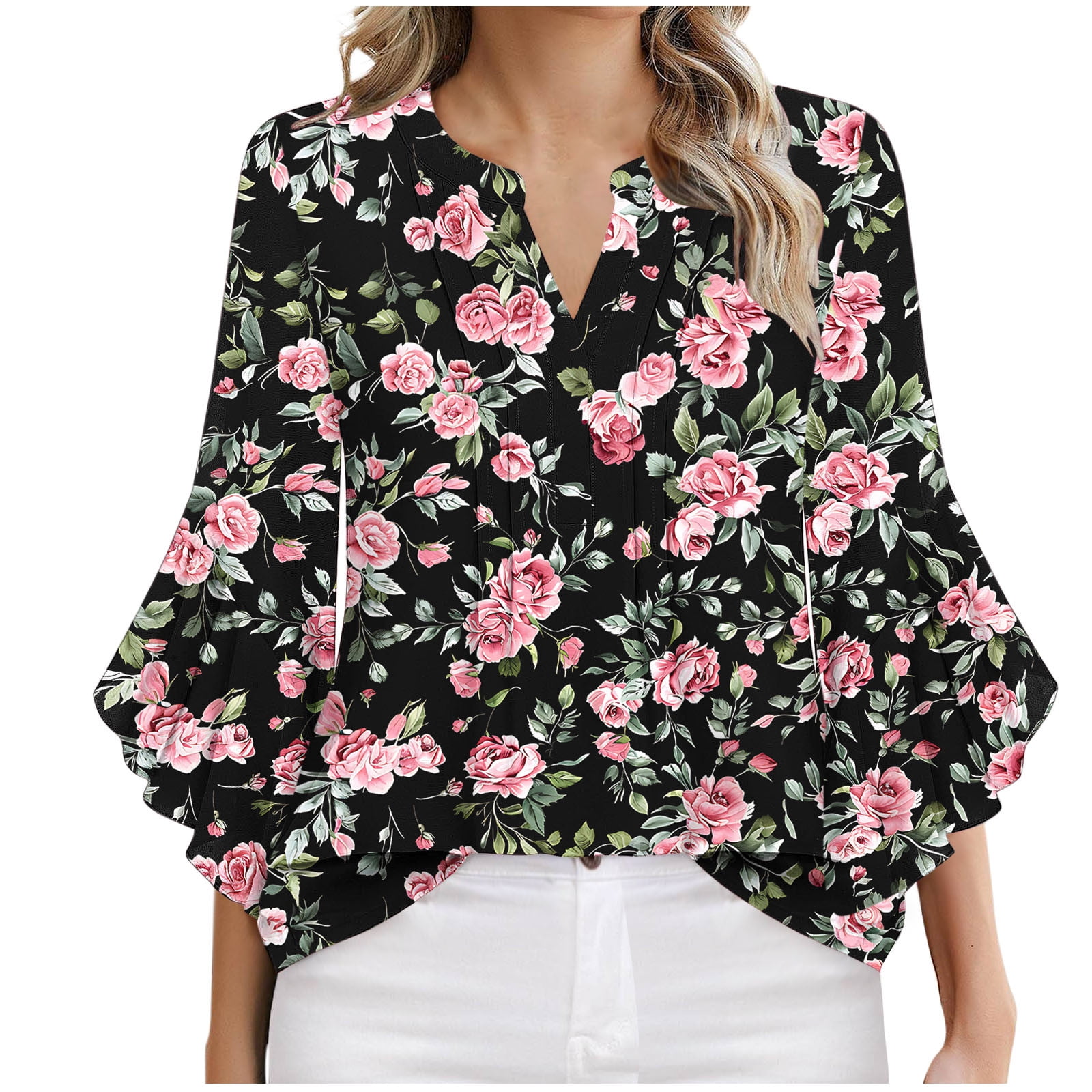Black Floral Graphic Loose Fit Tee Shirts for Women Summer Fall Flounce ...