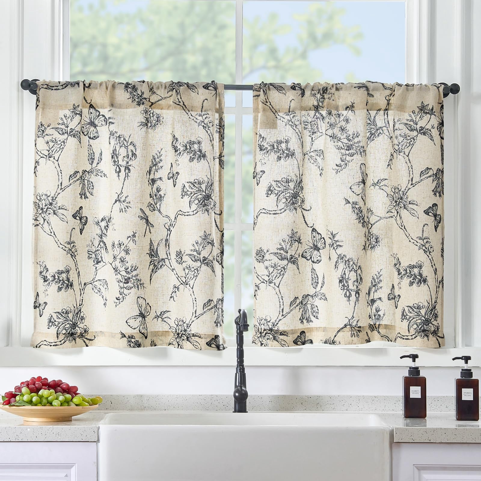 Black Floral Kitchen Curtains 24 Inch Length Linen Farmhouse Cafe ...