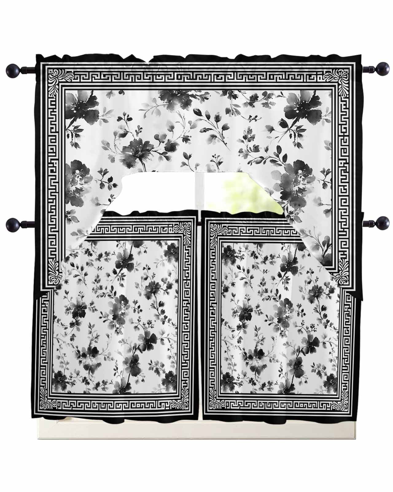 Black Floral Kitchen Curtains Sets for Windows 3 Piece, Retro Flowers ...