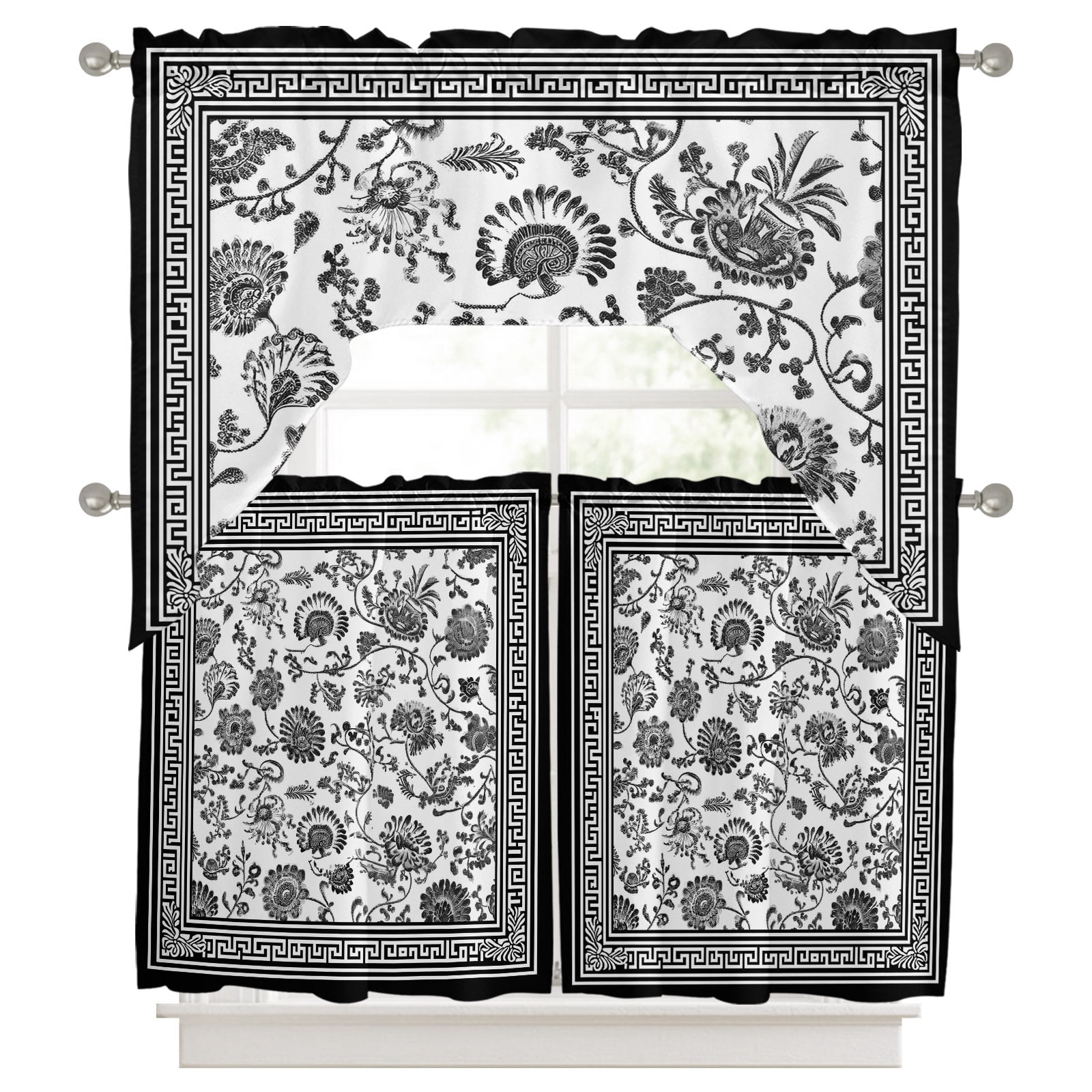 Black Floral Kitchen Curtains Swag Valance and Tier Curtains Set 24 ...