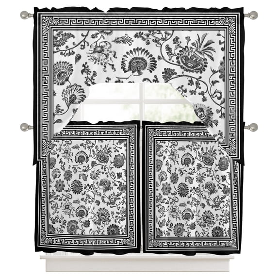 Black Floral Kitchen Curtains Swag Valance and Tier Curtains Set 24 ...