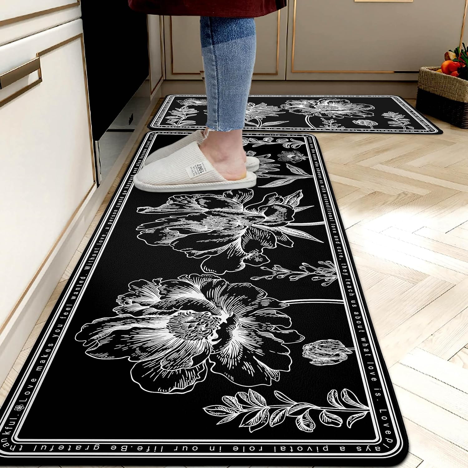 Black Floral Kitchen Rugs Set of 2 Cushioned Anti-Fatigue Kitchen ...