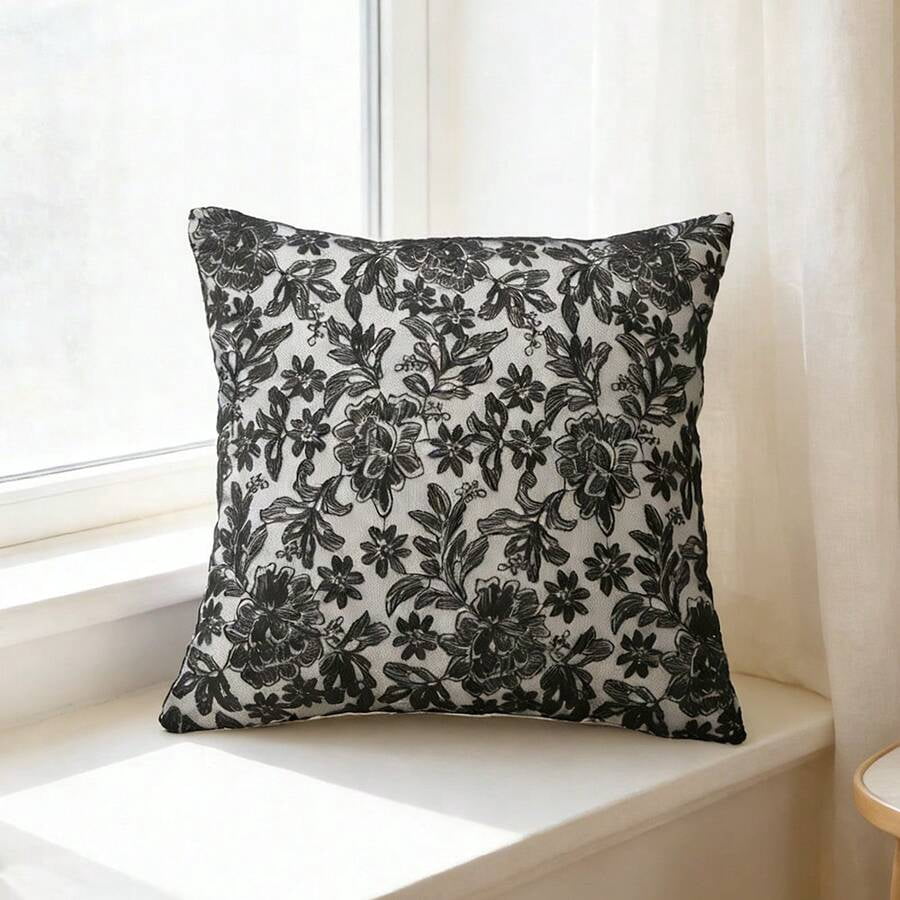 Black Floral Lace Embroidered Throw Pillow Cover For Sofa Living Room ...