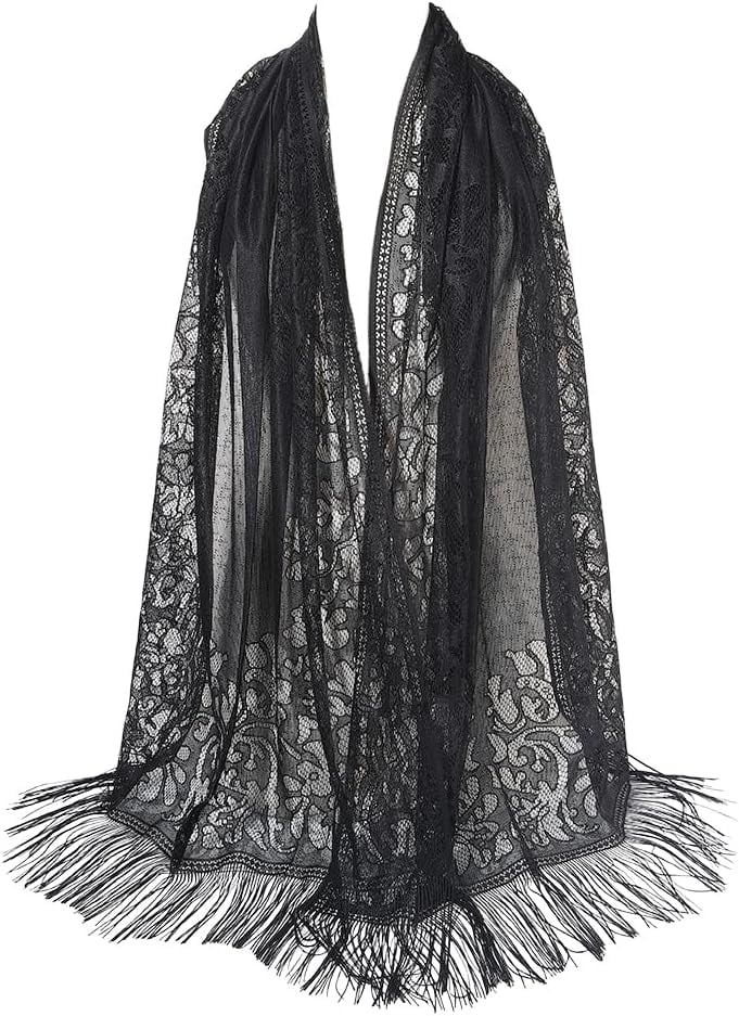 Black Floral Lace Shawl Wrap Gauze Lace Shawls and Wraps with Tassel ...