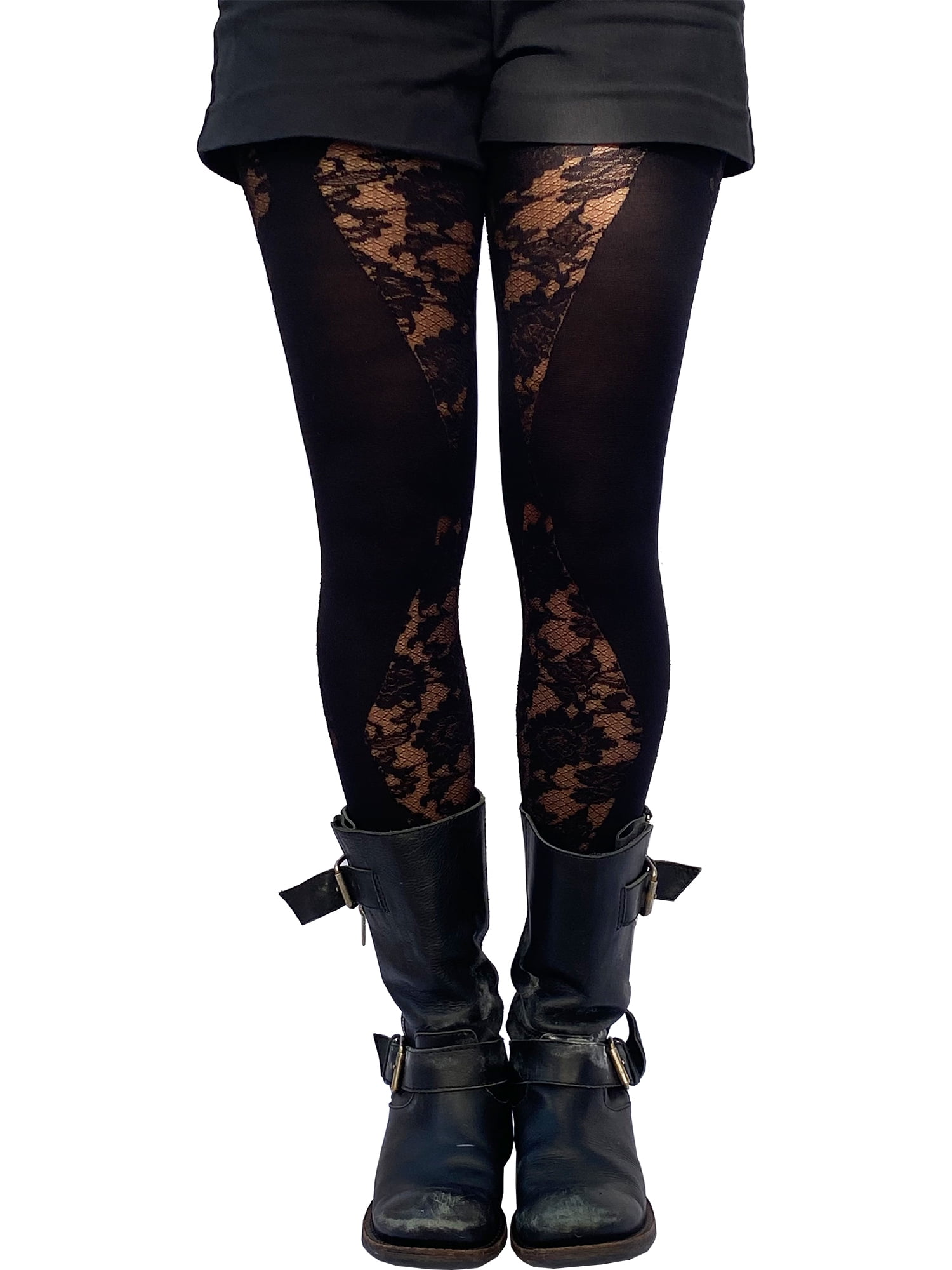 Black Floral Lace and Opaque Tights Panel for Women - Walmart.com
