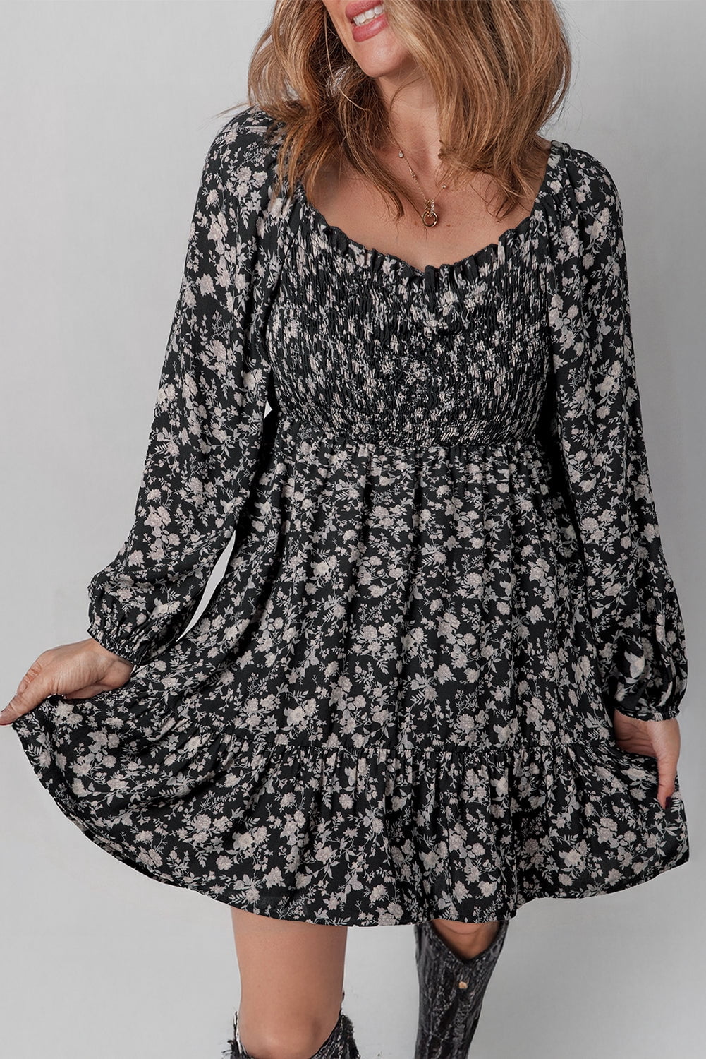 Black Floral Long Sleeve Frilly Shirred Square Neck Mini Dress ...