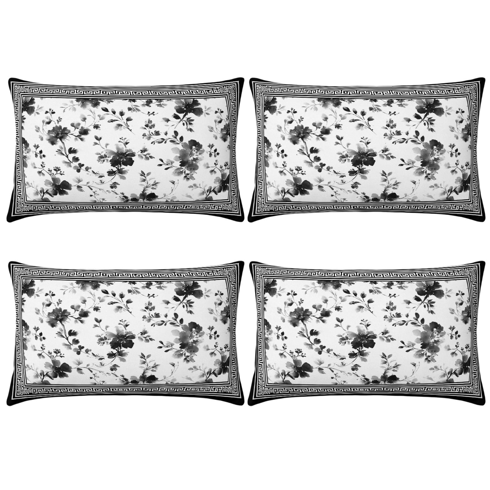 Black Floral Lumbar Pillow Covers 12 x 20 Inch Pillow Covers Set of 4 ...