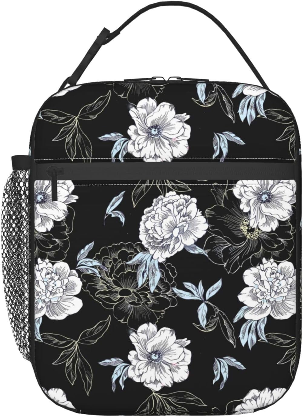 Black Floral Lunch Box Insulated Lunch Bag Reusable Meal Cooler ...