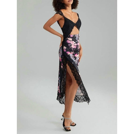 Black Floral Maxi Slip Dress With Lace V-Neck Sleeveless Bodycon Cutout ...